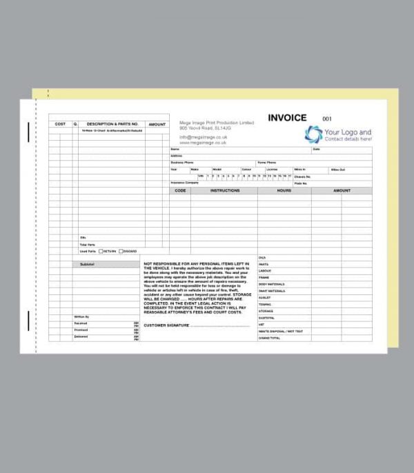 Car Body Repair Invoice Book A4 with Disclamer