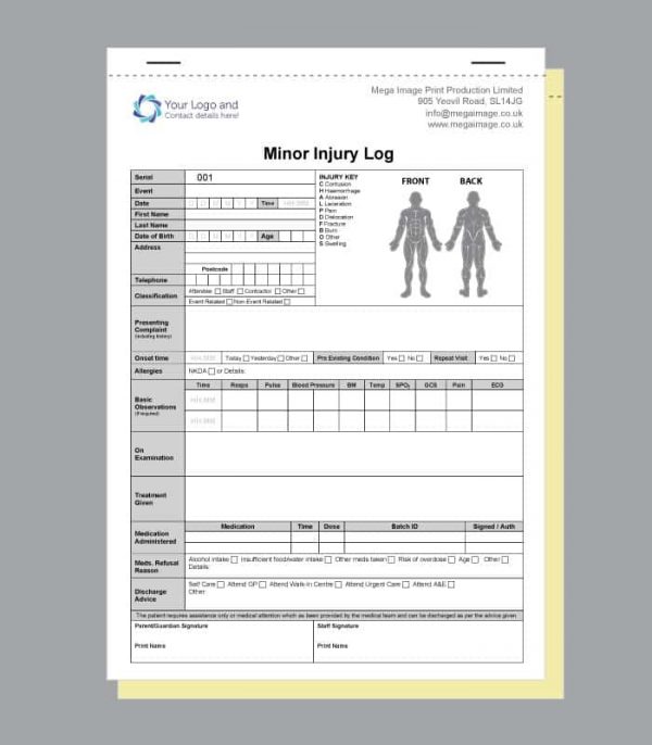 Minor Injury Report Form - Printed invoice books