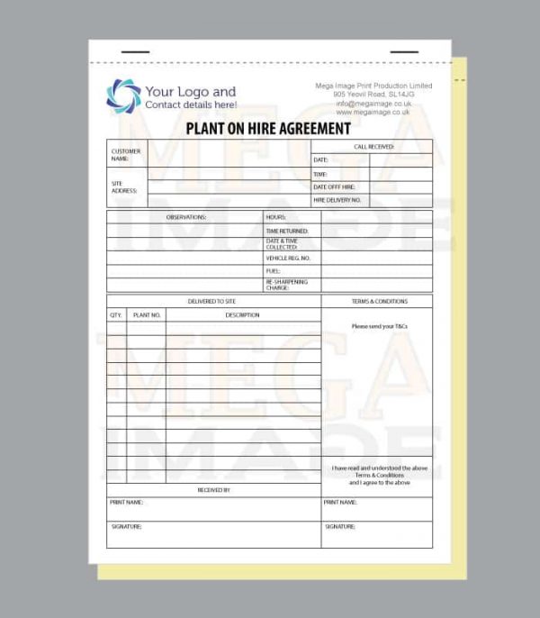 Plant on Hire Agreement Book - Printed invoice book