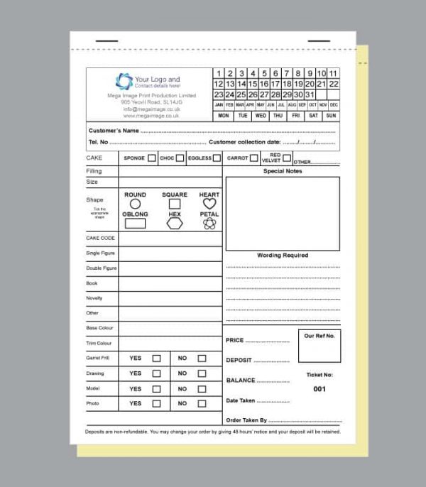 Bakery Cake Order Receipt A5 - Printed invoice books