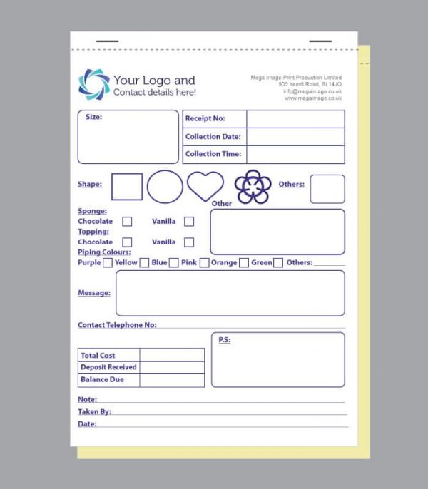 Bakery Cake Order Receipt A5 - Printed invoice books