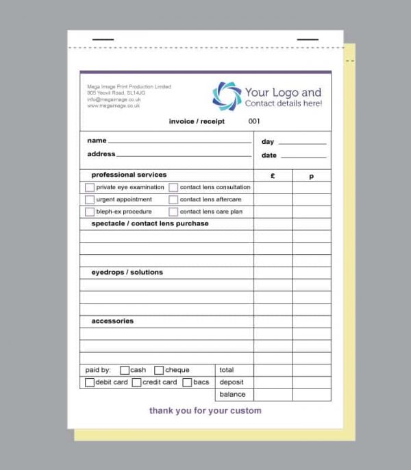 Optician Invoice / Receipt A5 - Printed invoice book