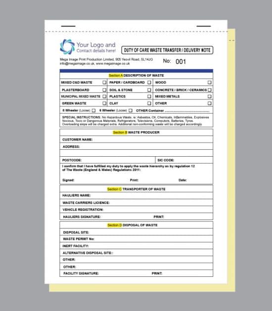 Duty of Care Waste Transfer Notes Book - Printed invoice books