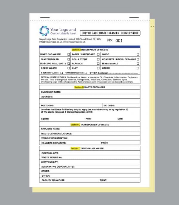 Duty of Care Waste Transfer Notes Book - Printed invoice books